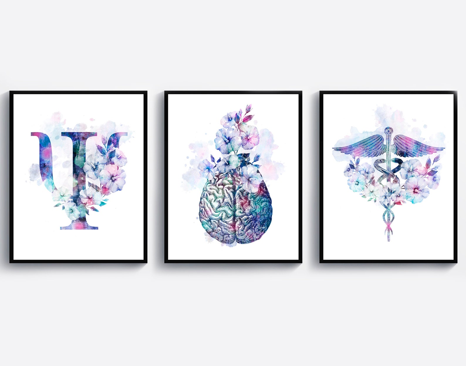 3 Psychologist Gift Science Art Watercolor Brain Anatomy Art Floral Psi ...