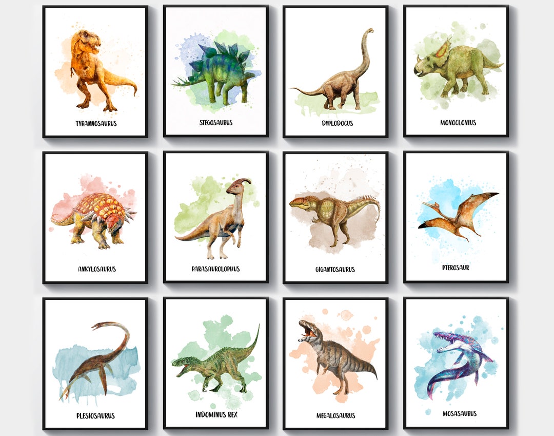 Set 12 Watercolor Dinosaurs Art Jurassic Dinosaur Decor Tyrannosaurus T ...