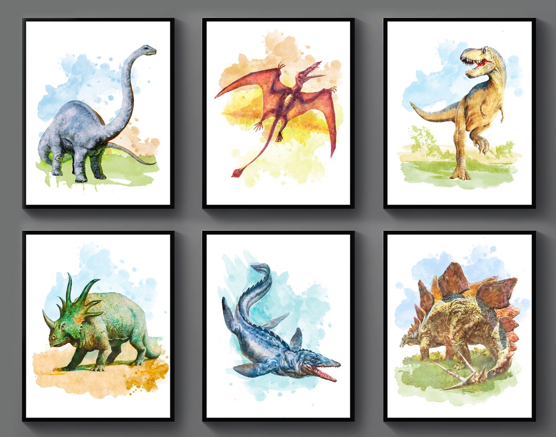 6 Dinosaur Watercolor Posters Jurassic Animals Art Brontosaurus T-rex ...