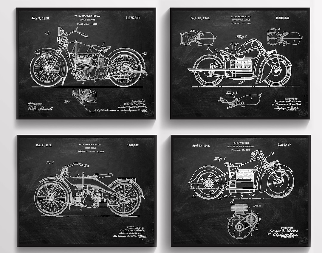 4 Mechanic Gift Motorcycle Patent Art Motorbike Blueprint Retro Bike ...