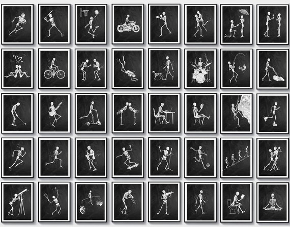 40 Skeleton Poses Art Medical Art Chalkboard Art Anatomy | Etsy