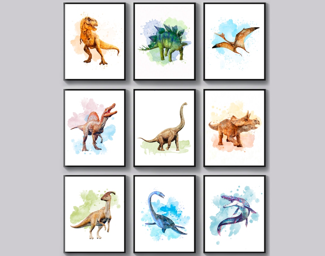 Watercolor Dinosaur Set of 9 Extinct Animals Poster T-rex Stegosaurus ...