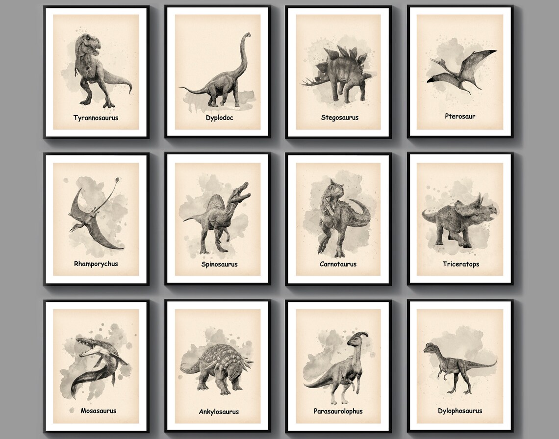 12 Dinosaurs Names Vintage Art Posters Dinosaurs Types Poster Dinosaur ...