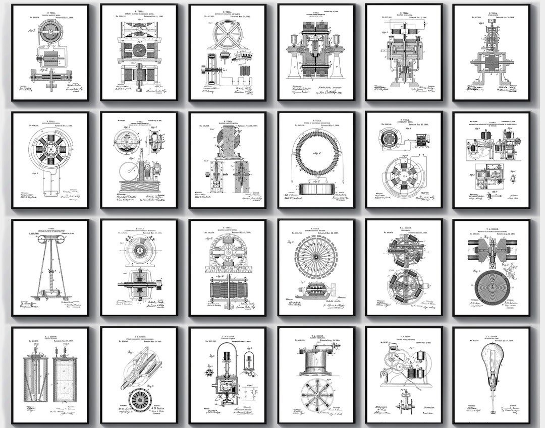 24 Electrical Patent Art Electrician Gift Tesla Blueprint Edison ...