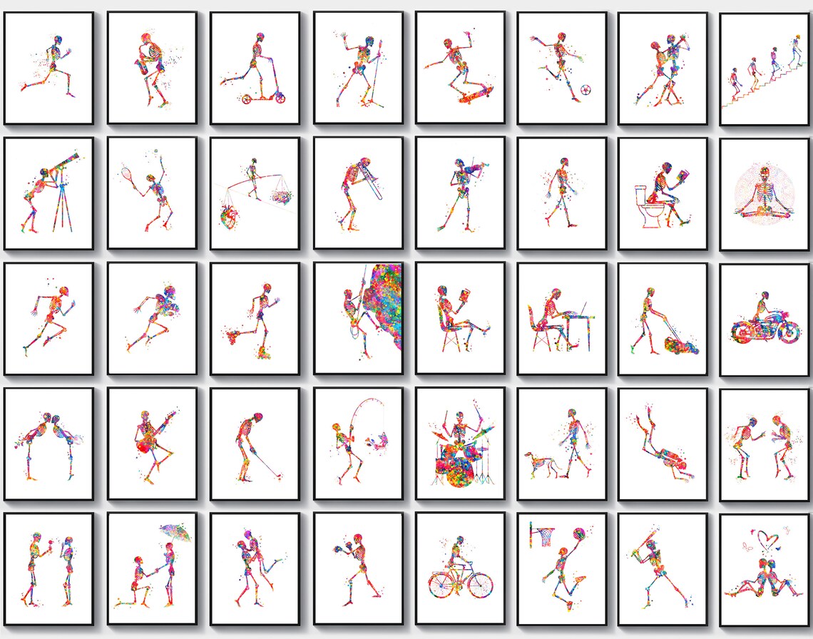 Set of 40 Skeleton in Motion Art Physiotherapy Art Skeletal Anatomy Art ...