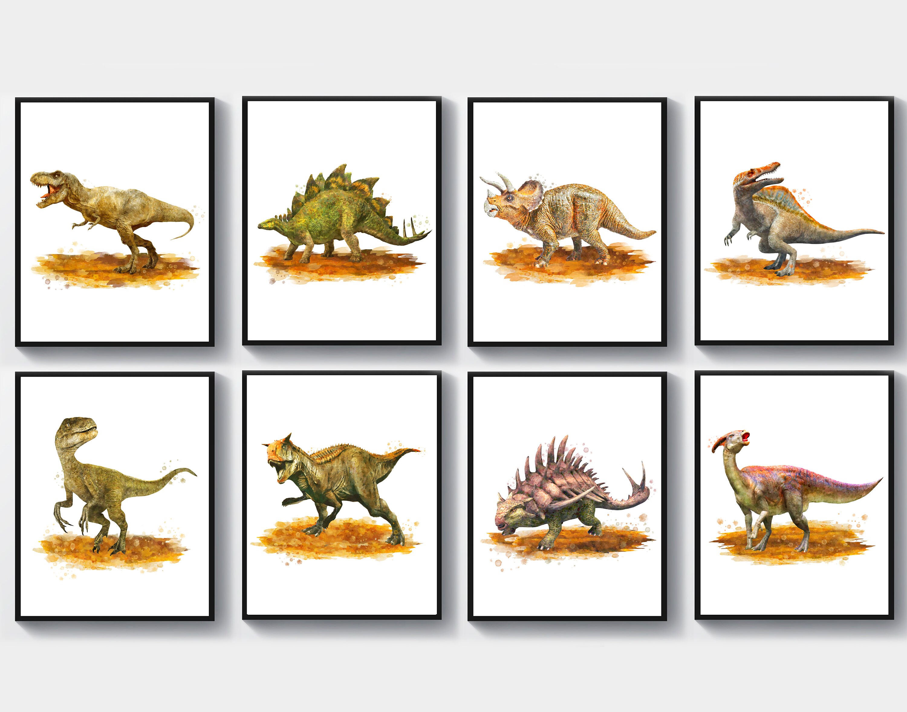8 Dinosaur Poster Set Watercolor Velociraptor Carnotaurus | Etsy