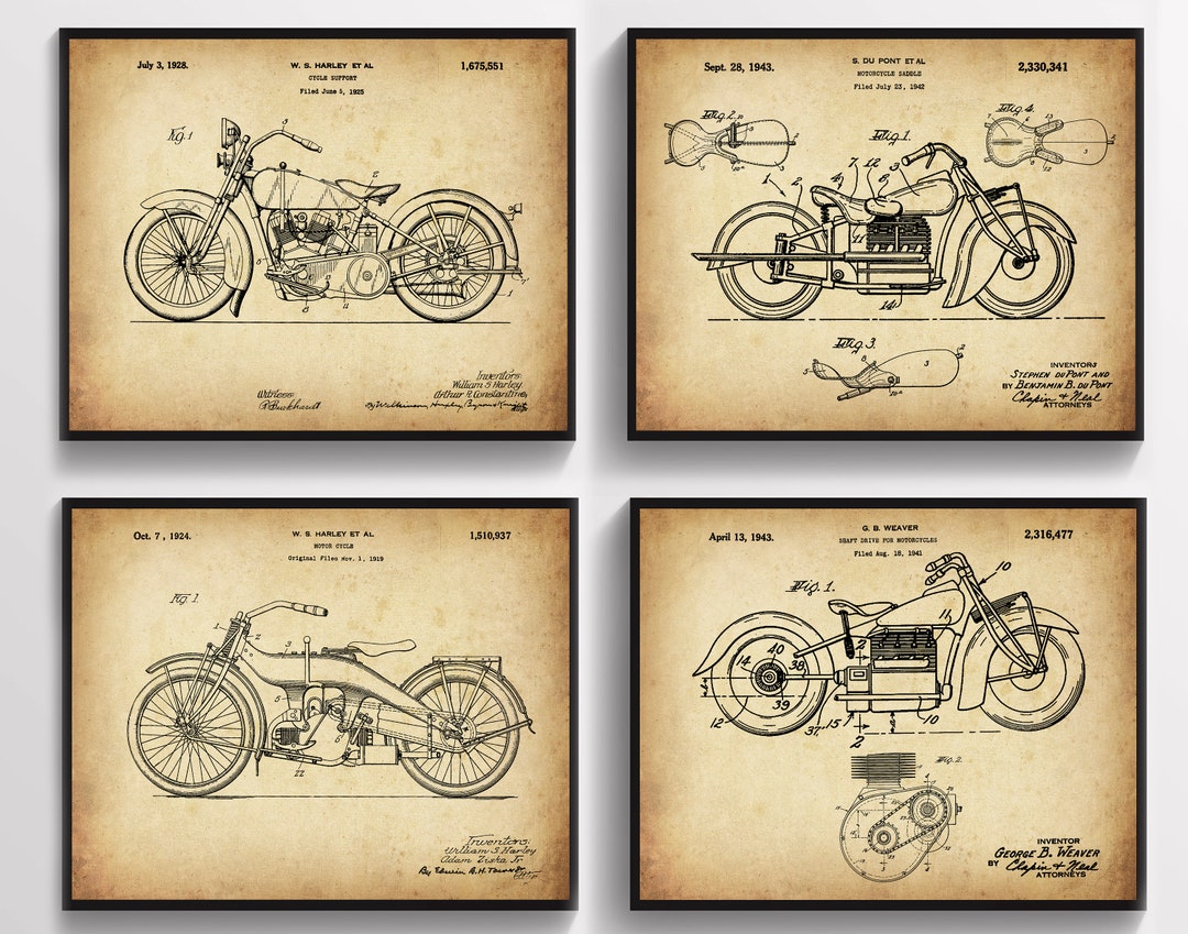 4 Vintage Motorcycle Patent Art Motorbike Blueprint Retro Biker Wall ...