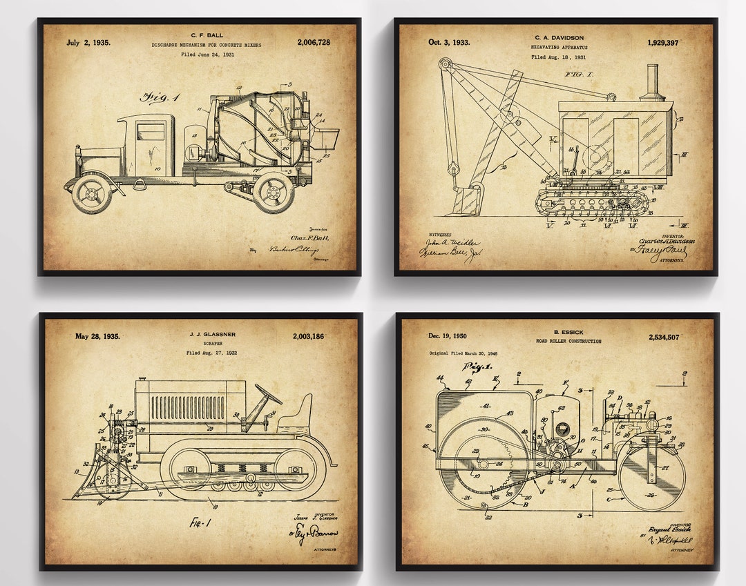 4 Vintage Construction Patent Art Heavy Construction Blueprint ...