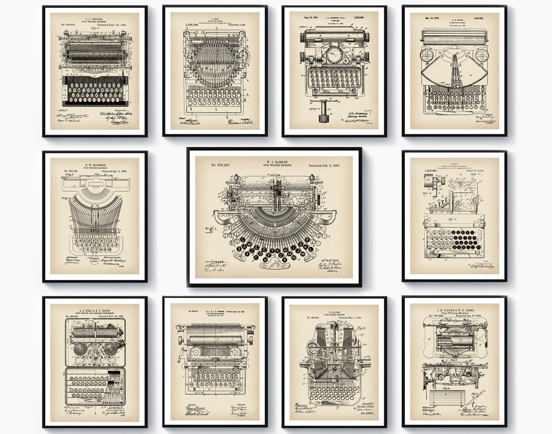 11 Vintage Typewriter Patent Art Typing Blueprint Writer Gift ...