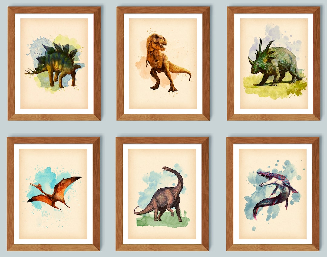 6 Jurassic Dinosaurs Watercolor Art Tyrannosaurus Rex Stegosaurus ...