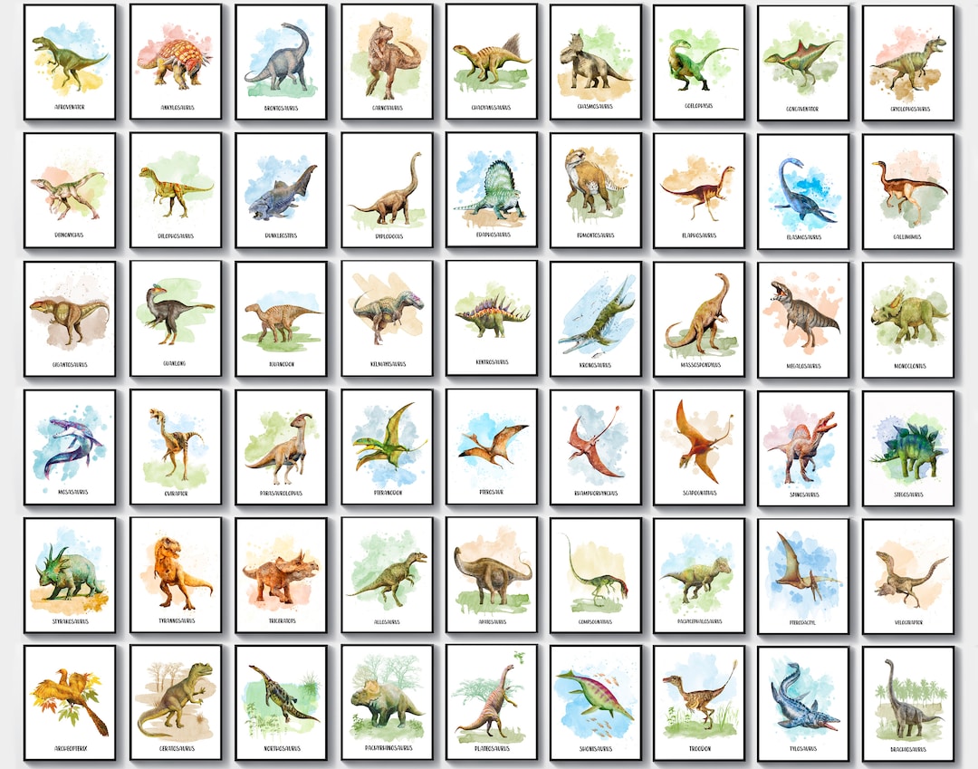 54 Dinosaur Types With Names Posters Jurassic Dinosaurs Watercolor Art ...