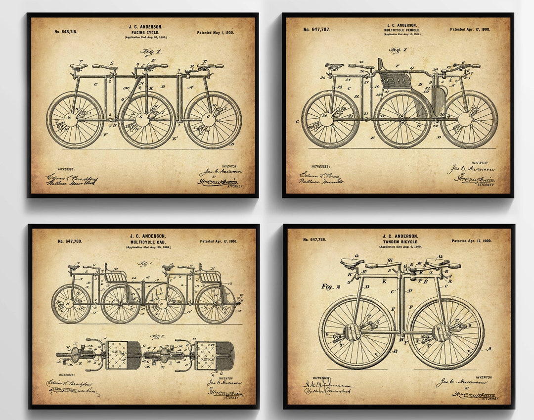 4 Vintage Tandem Bicycle Patent Prints Multicycle Blueprint - Etsy