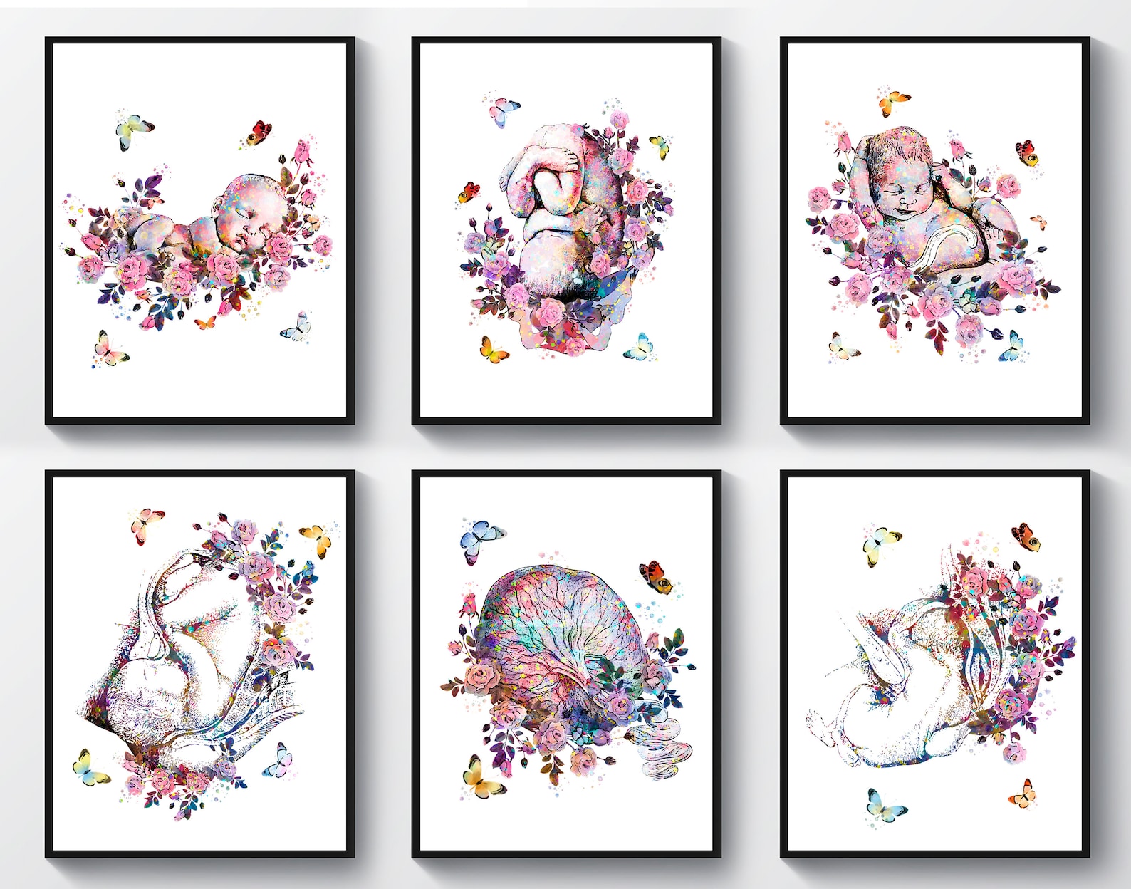 6 Watercolor Baby Art Newborn Art Fetus in Womb Floral Placenta Drawing ...