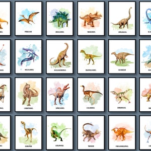24 Dinosaus Names Art Posters Dinosaur Types Decor Watercolor T-rex ...