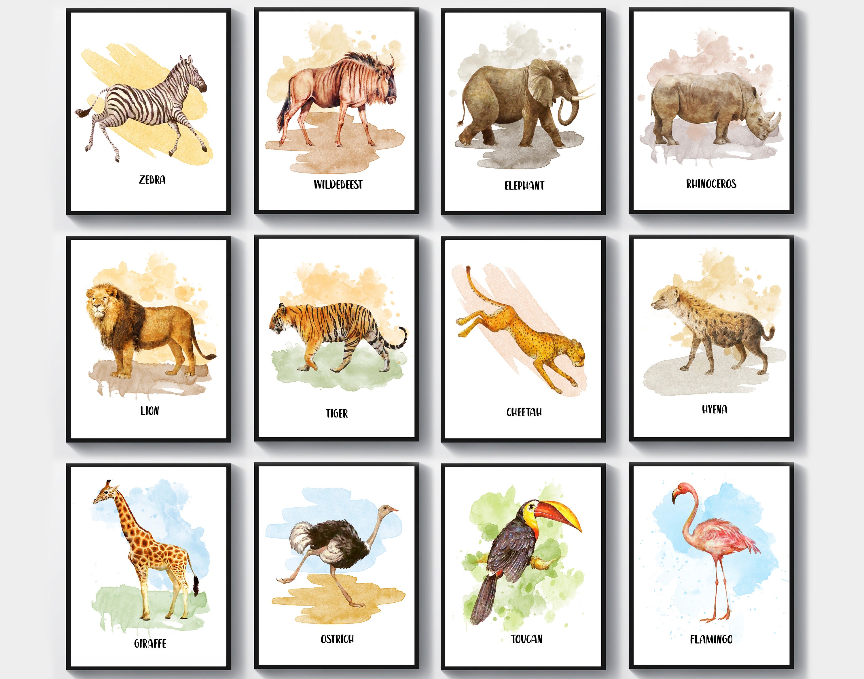 12 Watercolor Animal Painting Wild Animal Types Poster Nursery Art ...