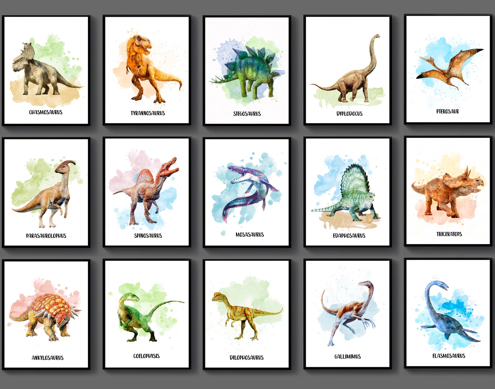 15 Types of Dinosaurs Print Set Dinosaur Decor Watercolor T-rex ...