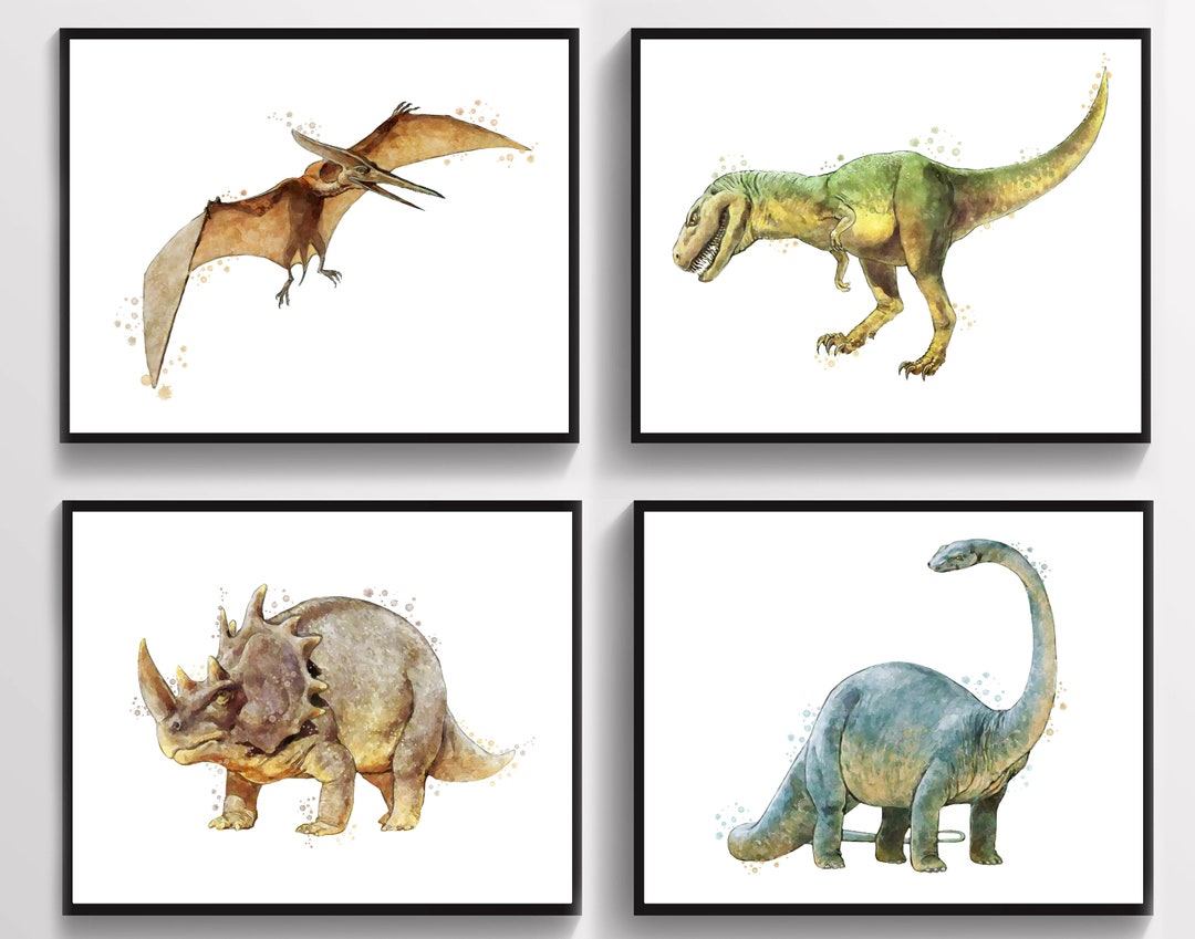 4 Jurassic Dinosaurs Poster Watercolor T-rex Pterosaur Styracosaurus ...