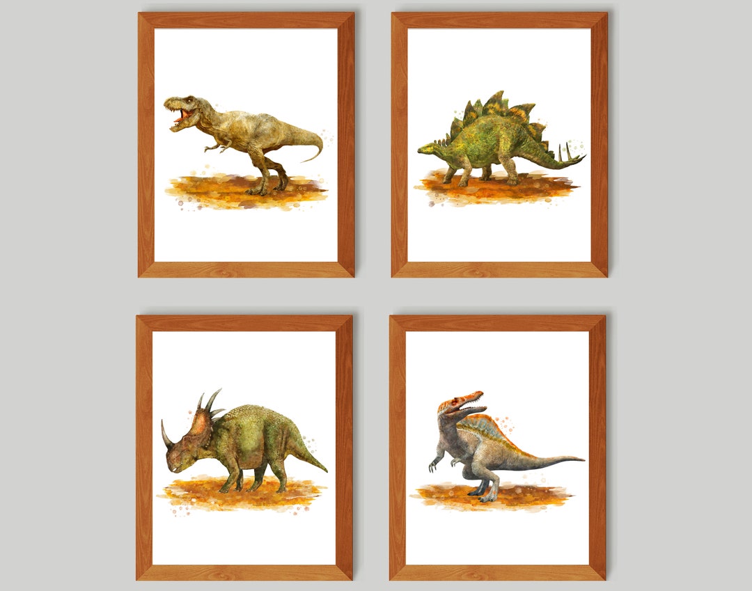 4 Dinosaur Artwork Watercolor T-rex Stegosaurus Spinosaurus Triceratops ...