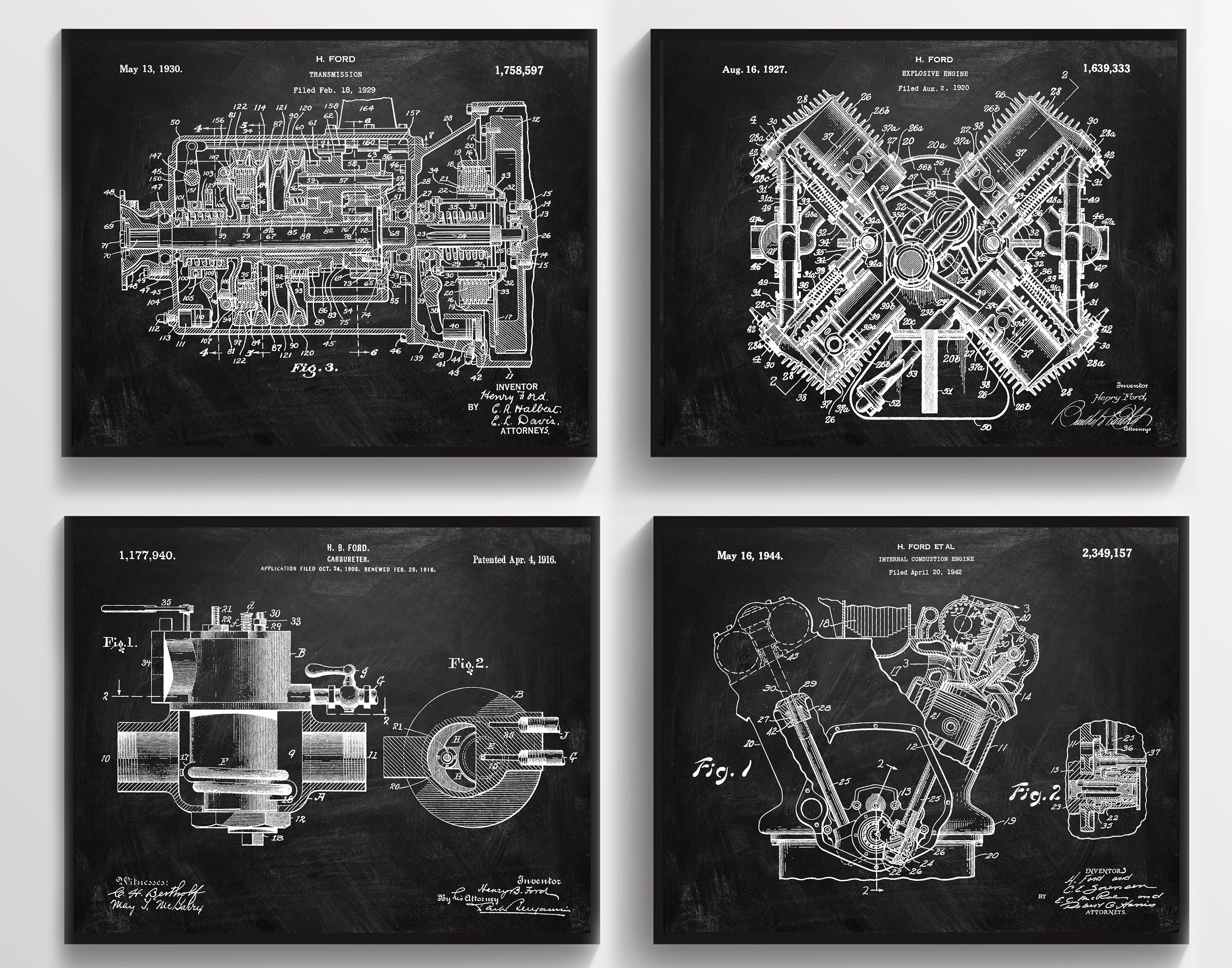 4 Henry Ford Engine Blueprint Car Engine Patent Art Vintage ...
