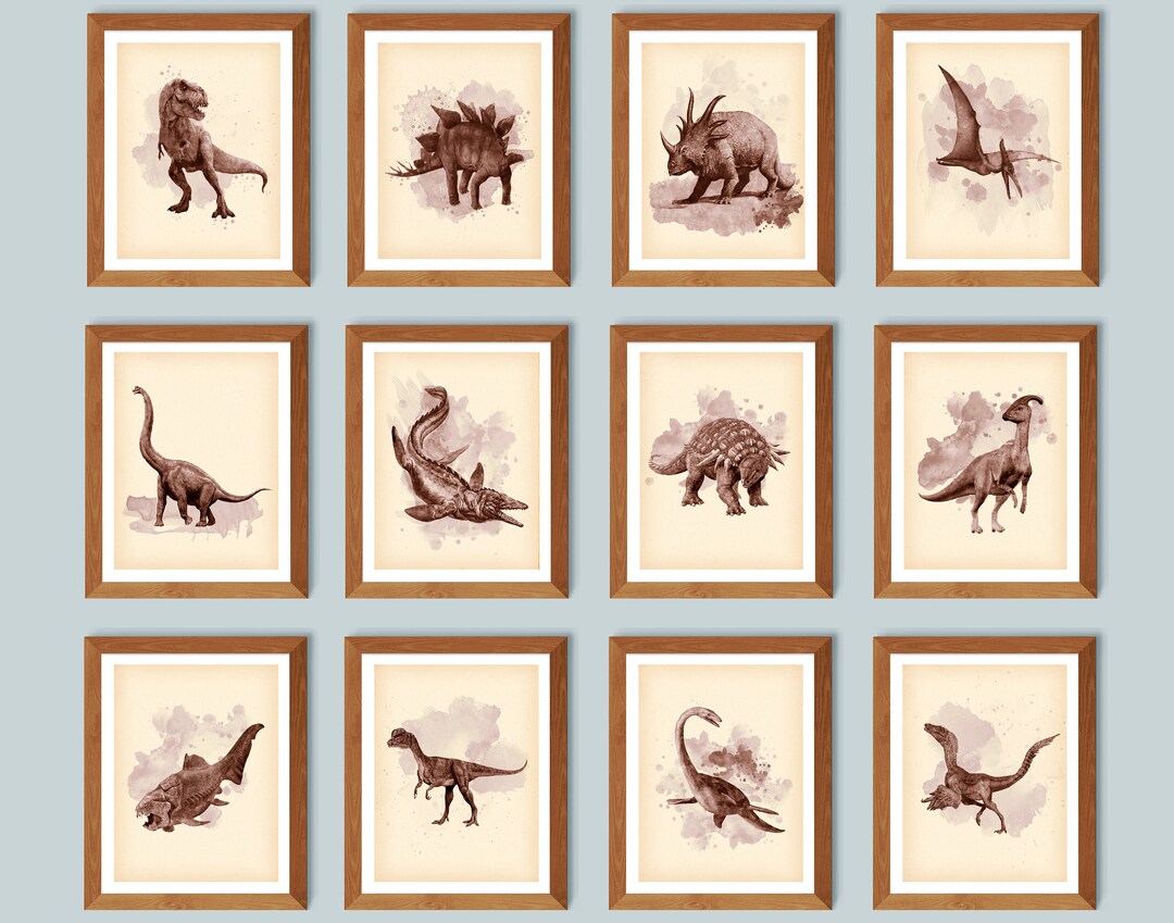 Dinosaur Vintage Poster Set of 12 Watercolor Jurassic Dinosaur Art ...