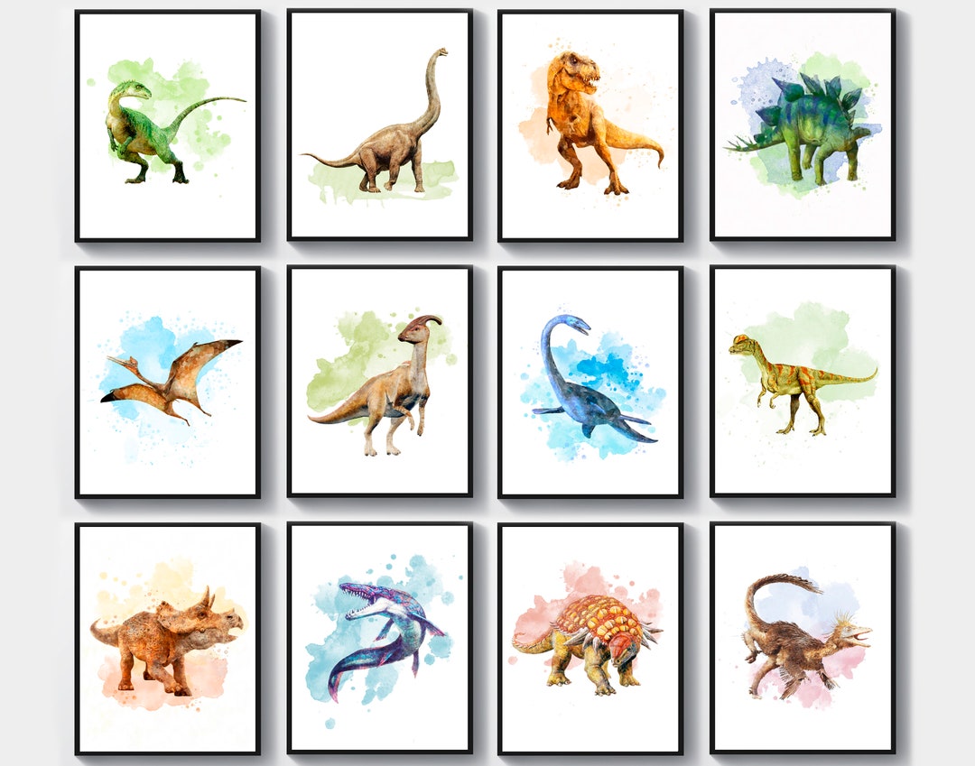 Watercolor Dinosaur Art Jurassic Dino T-rex Stegosaurus Triceratops ...