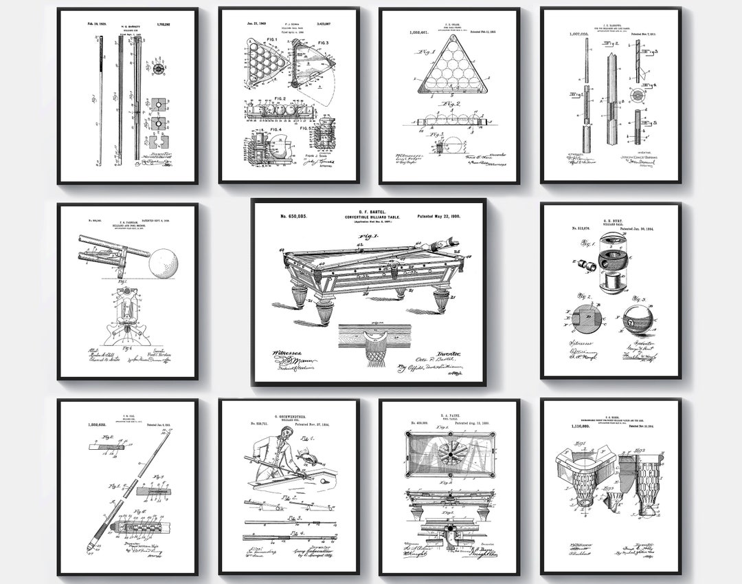 11 Pool Billiards Patent Art Sports Blueprint Billiard Cue Patent ...