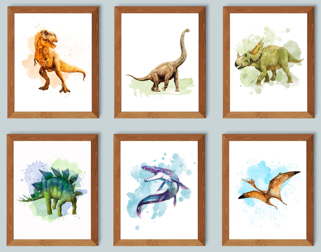 Jurassic Dinosaurs Poster Set of 6 Watercolor T-rex Stegosaurus ...
