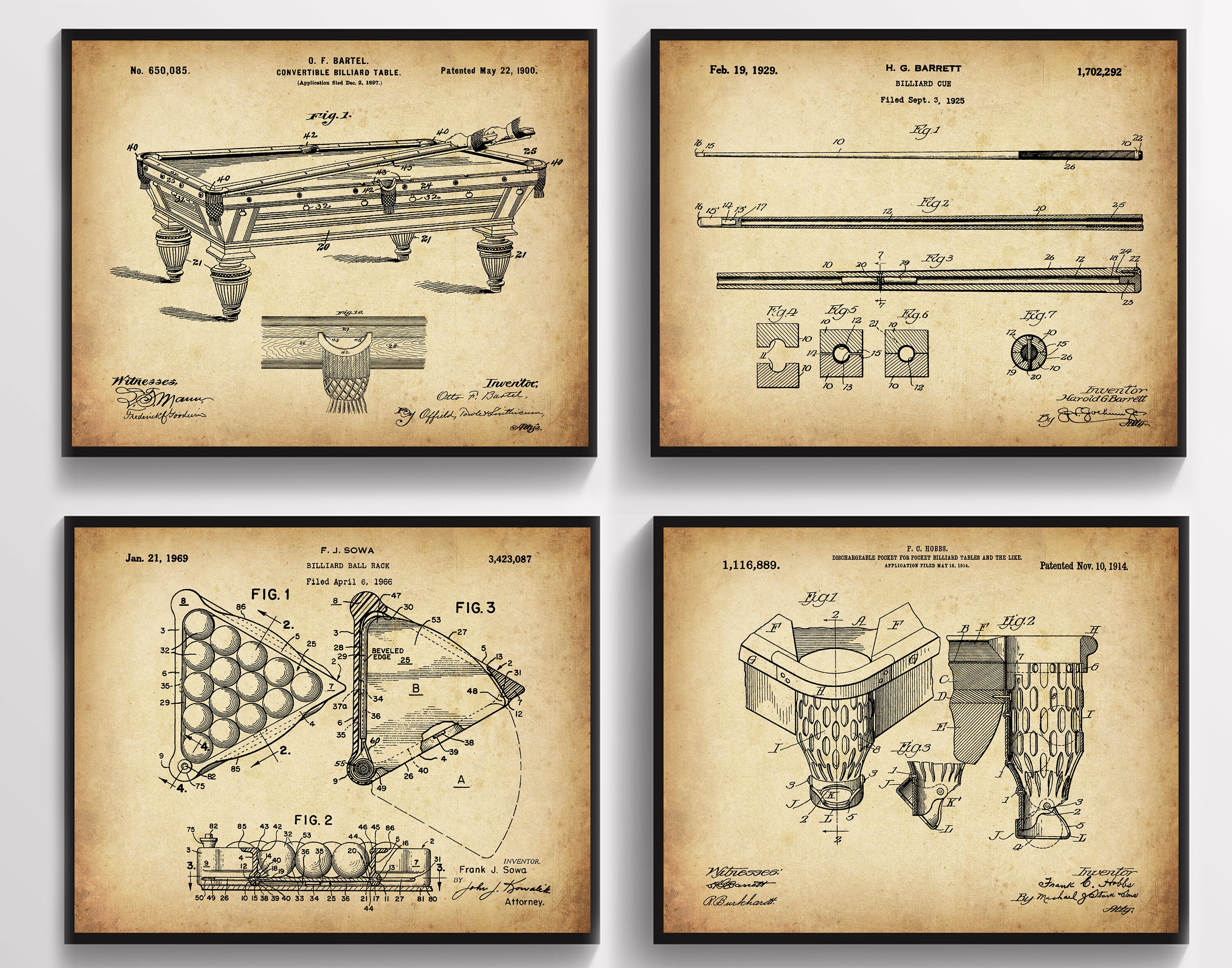 4 Billiard Patent Posters Billiard Table Blueprint Billiard Cue Patent ...