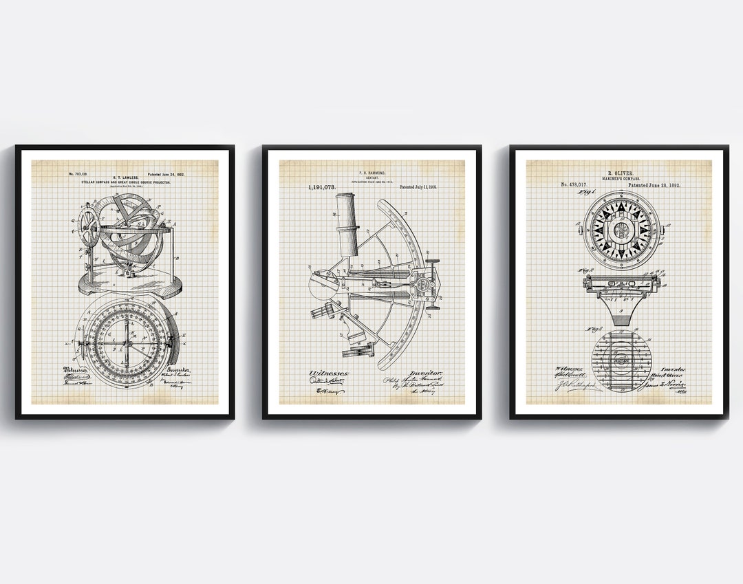 3 Seafaring Patent Art Nautical Blueprint Marine Art Sailing Equipment ...