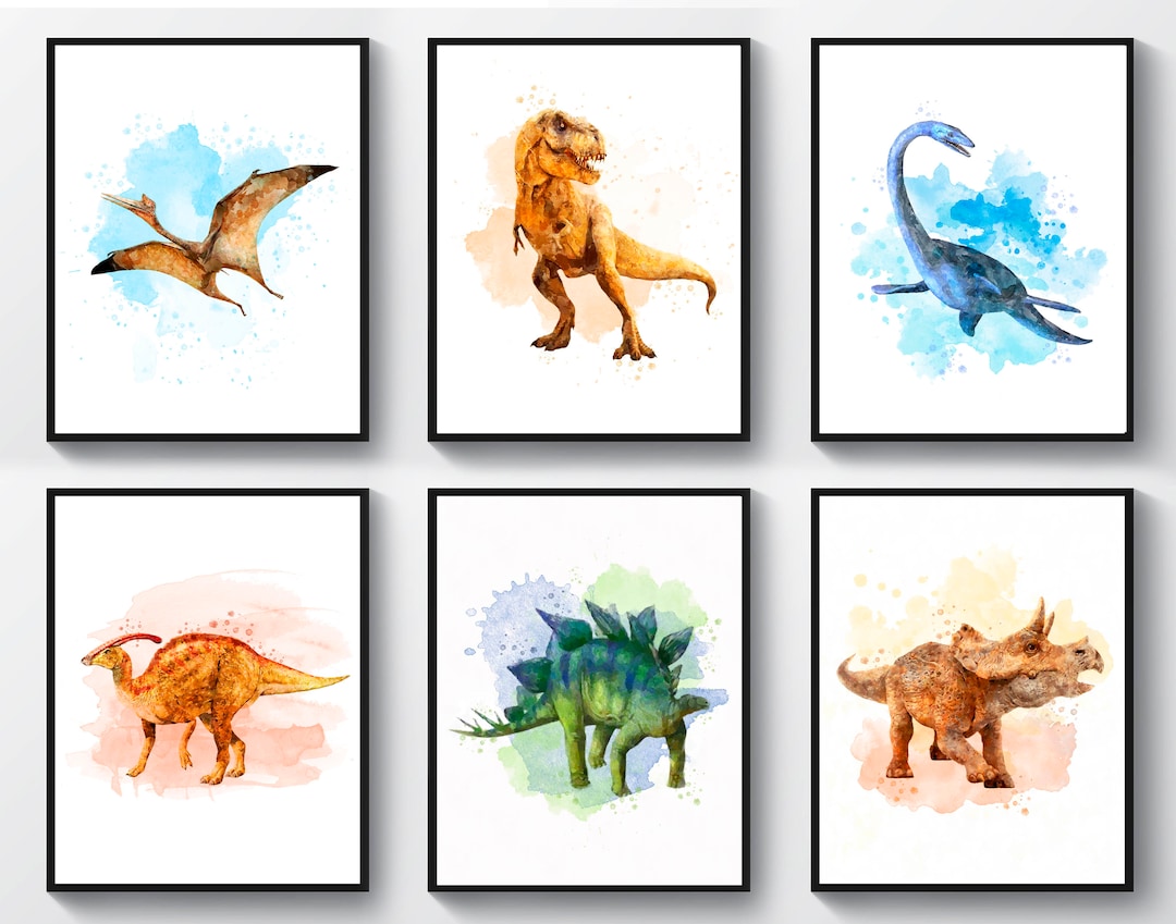 6 Dinosaurs Print Jurassic Period T-rex Stegosaurus Pterosaur ...