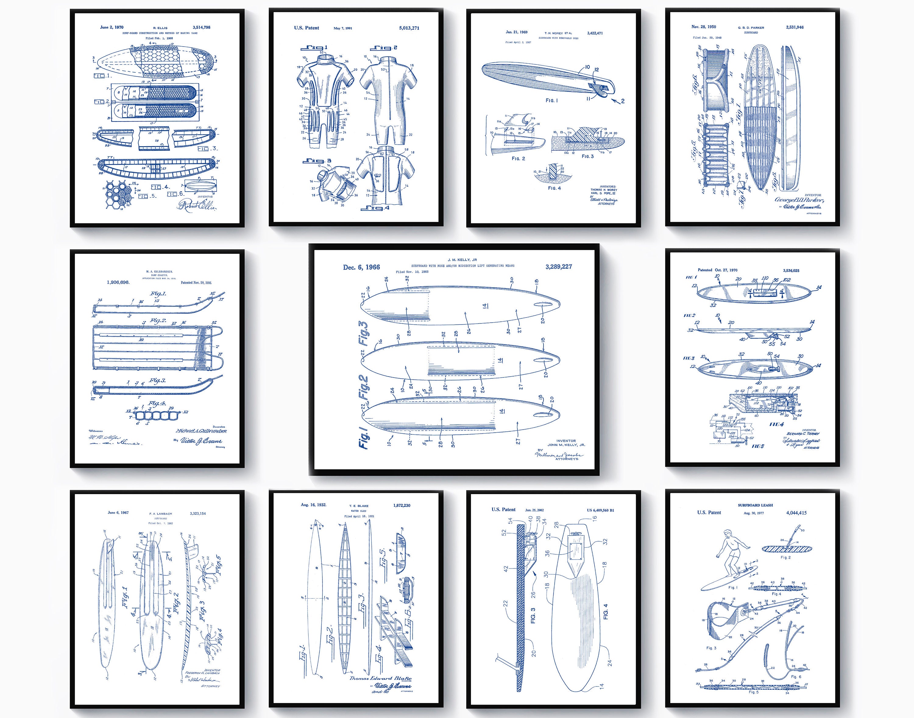 11 Surfer Gift Surfboard Patent Art Water Sport Equipment Blueprint ...