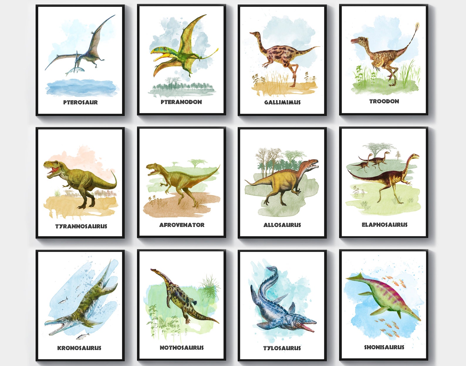 Set 12 Dinosaurs Posters Dinosaurs Types With Names Watercolor Art Kids ...