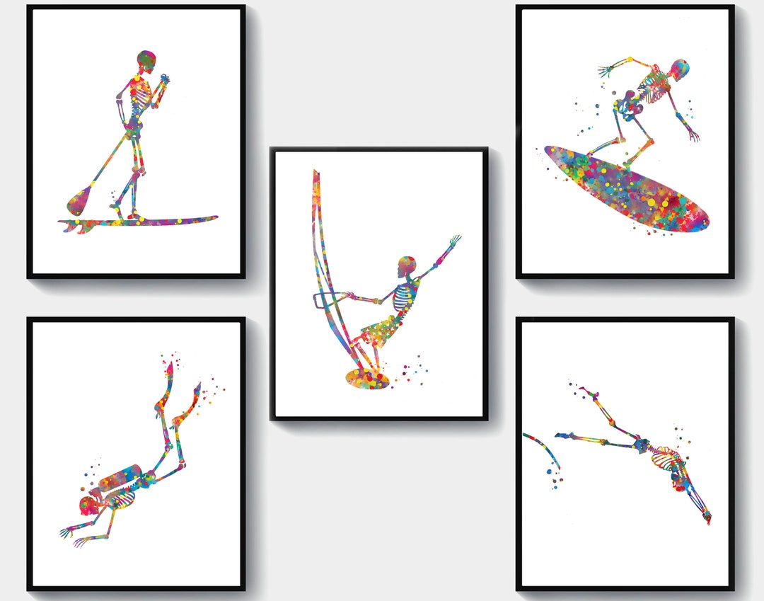 5 Skeleton Art Water Sport Art Scuba Diving Art Paddle Boarding Art ...