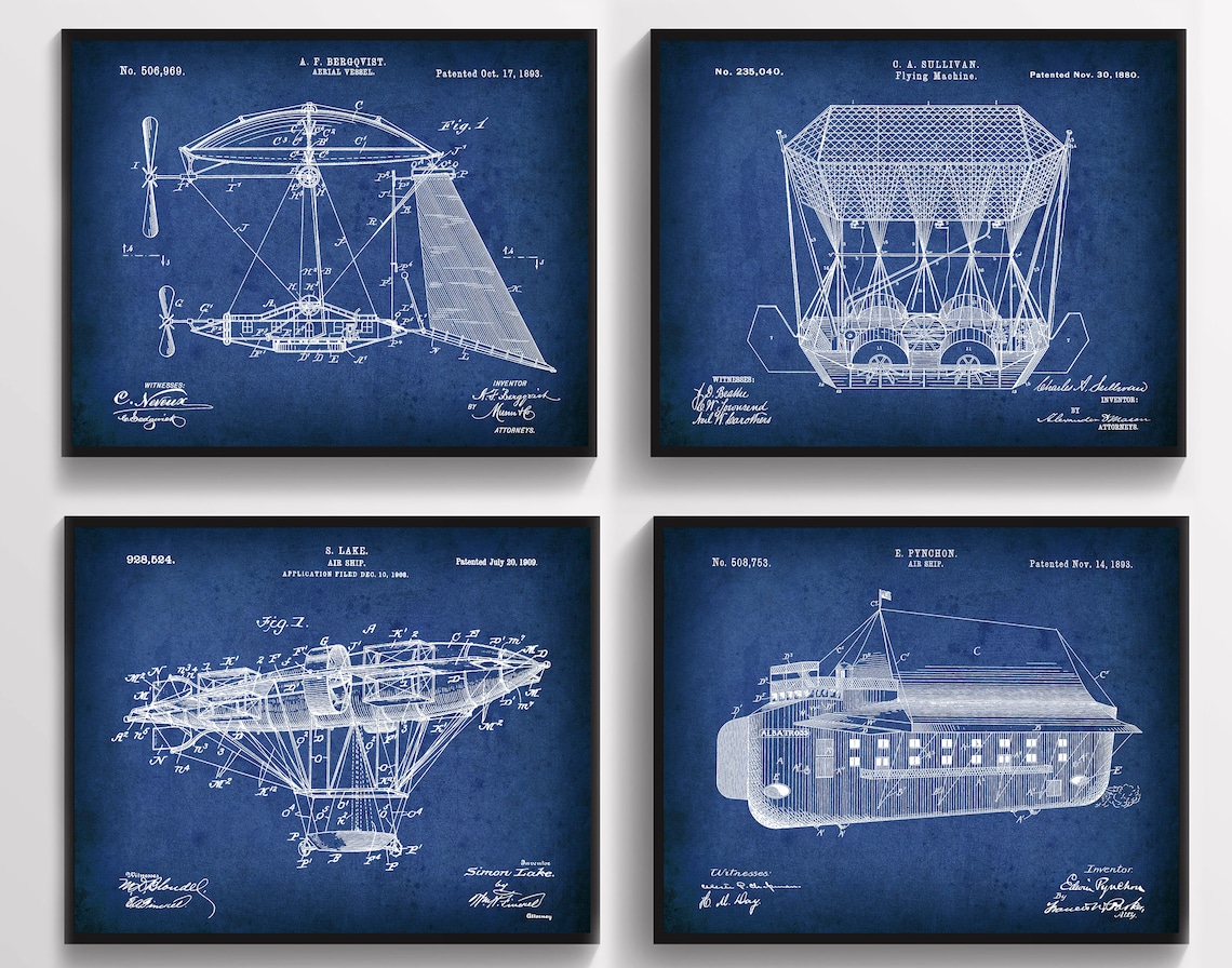 4 Aviation Art Airship Blueprint Flying Apparatus Patent Art Plane ...