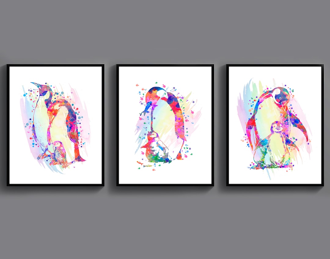 Penguin Family Art, Watercolor Bird Art, Biology Art, Baby Penguin ...
