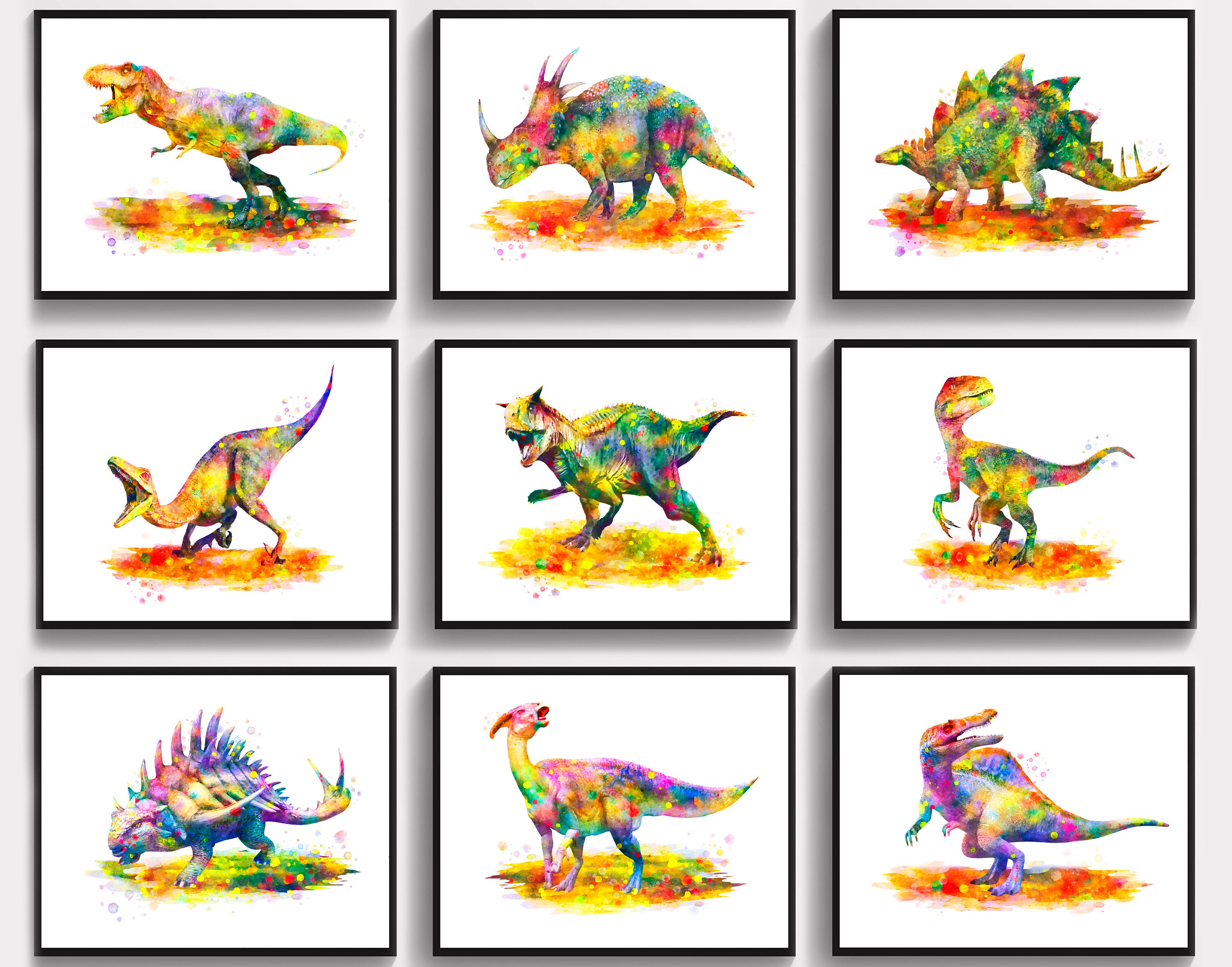 Rainbow Dinosaurs Poster Set of 9 Watercolor T-rex - Etsy