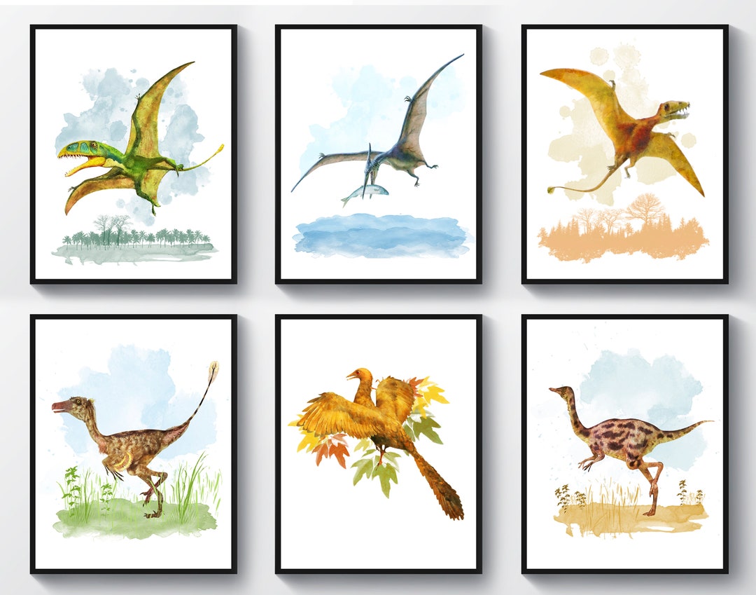 6 Flying Dinosaurs Art Feathered Dinosaurs Poster Watercolor Dinosaur ...