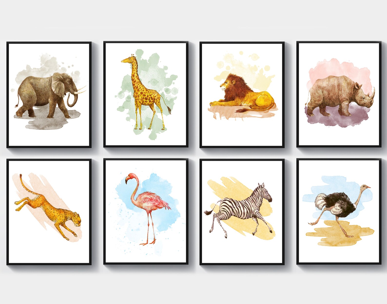 Watercolor Safari Animals Poster Set of 8, Wild Animals Decor, Lion ...