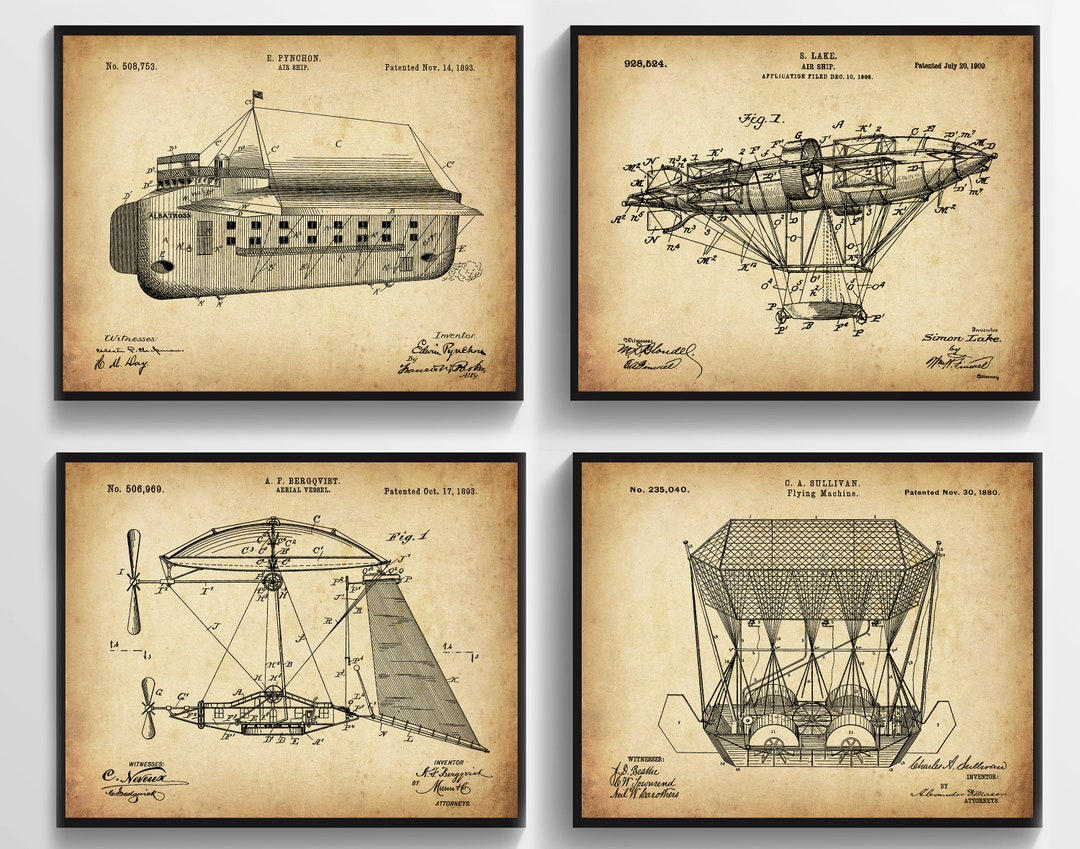 4 Airship Blueprint Drawing Balloon Machine Patent Art Flying Apparatus ...