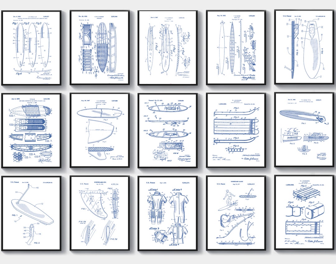 Surfing Art Patent Set 15, Surfer Art Gift, Surfboard Patent, Surfboard ...