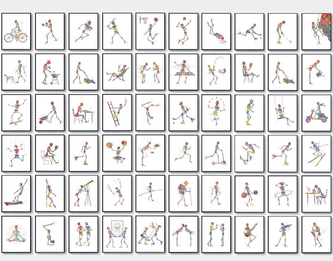 Set 60 Skeleton Poses Art Skeleton Anatomy Print Medical Art ...