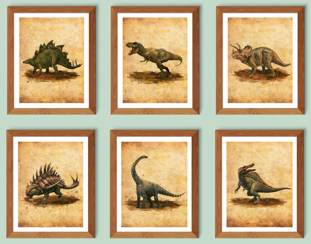 6 Dinosaurs Vintage Posters Jurassic T-rex Stegosaurus Triceratops Art ...