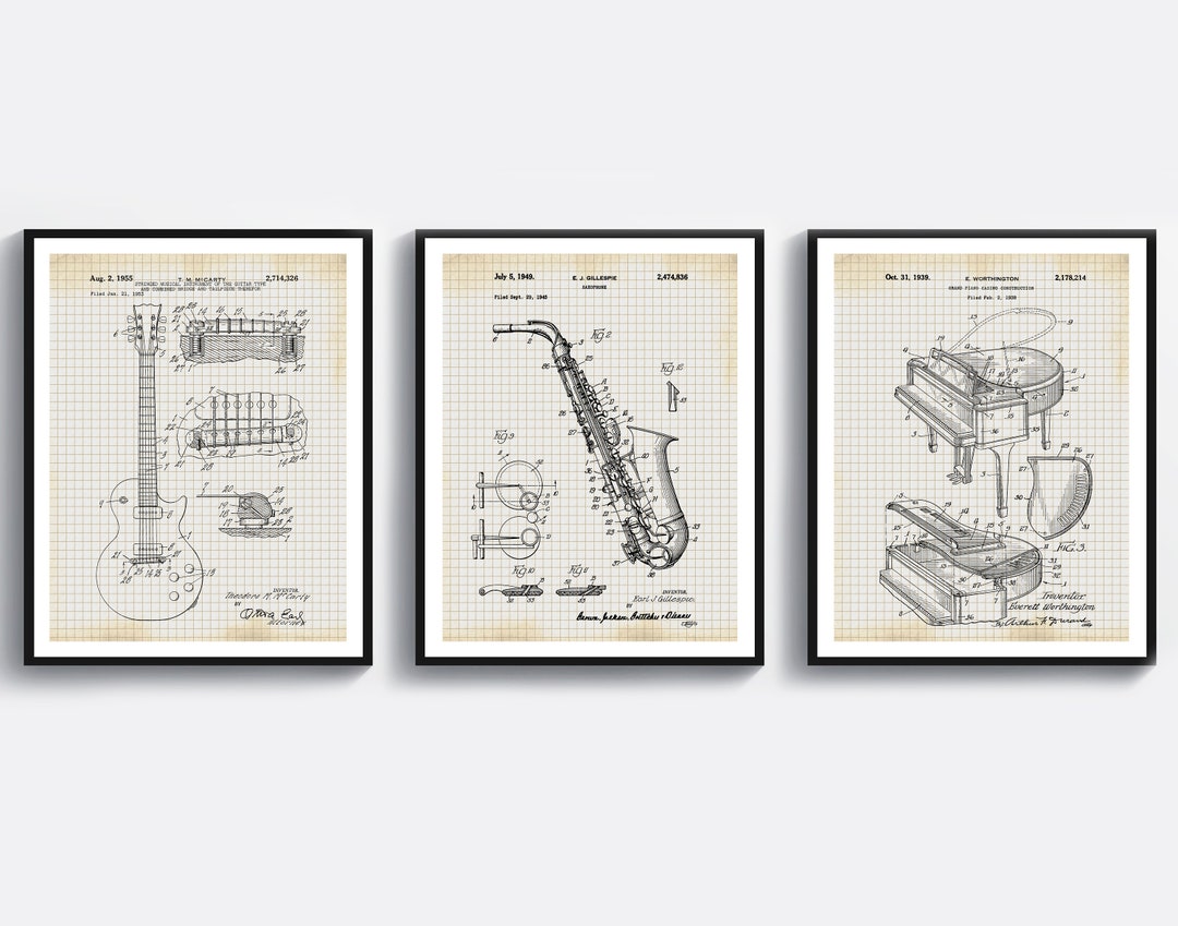 3 Musical Instruments Patent Art Playing Music Blueprint Guitar Scheme ...