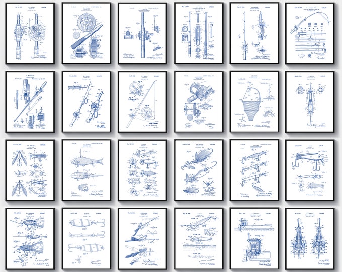 12 Vintage Fishing Patent Drawing Fisherman Gift Fishing Reel Blueprint ...