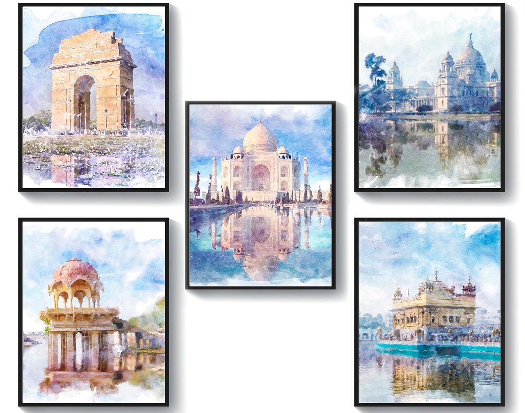 5 Indian Landscape Art India Drawing Watercolor Taj Mahal India Gate ...