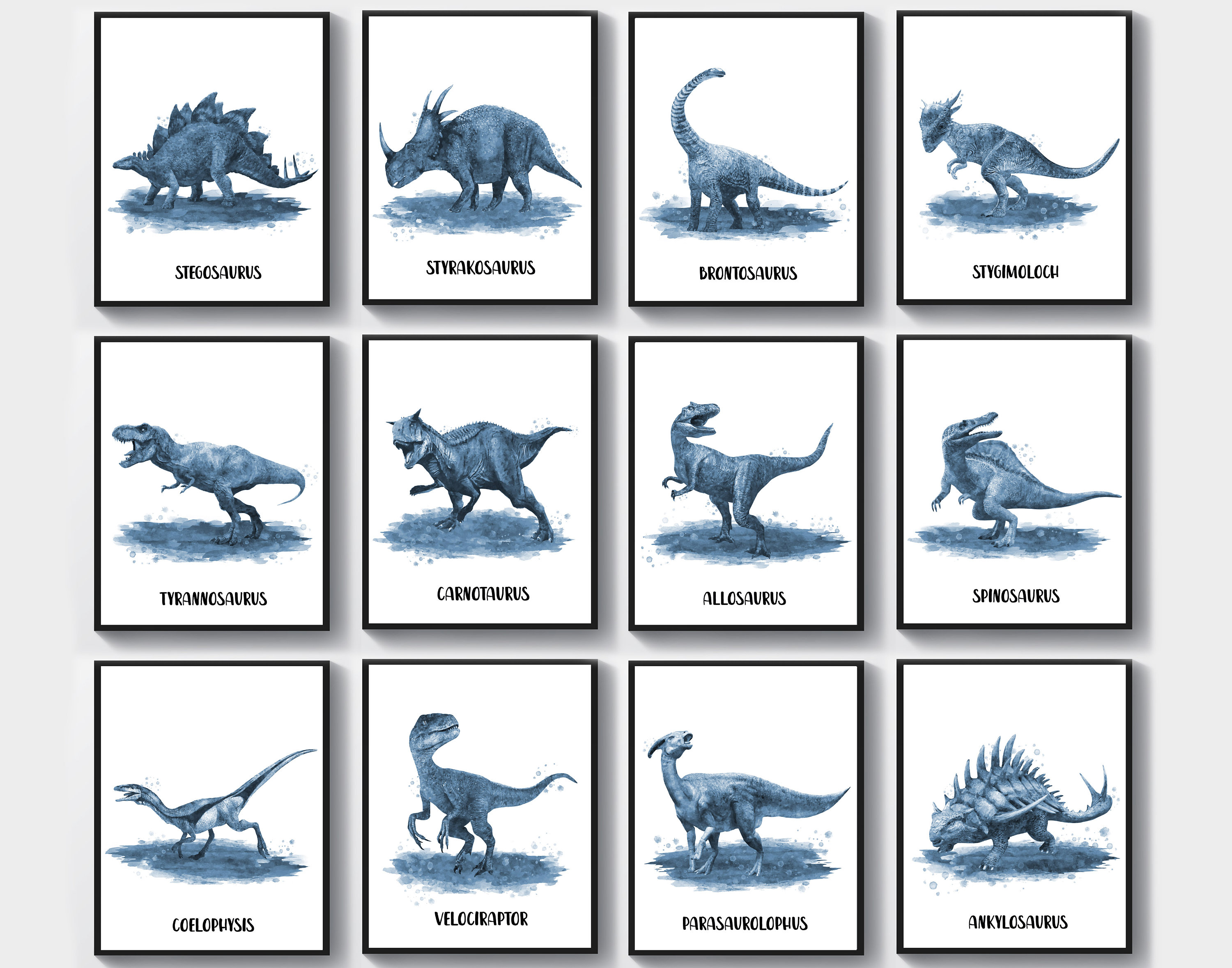 Watercolor Dinosaurs Types Art Set of 12 Jurassic Dinosaurs With Names ...
