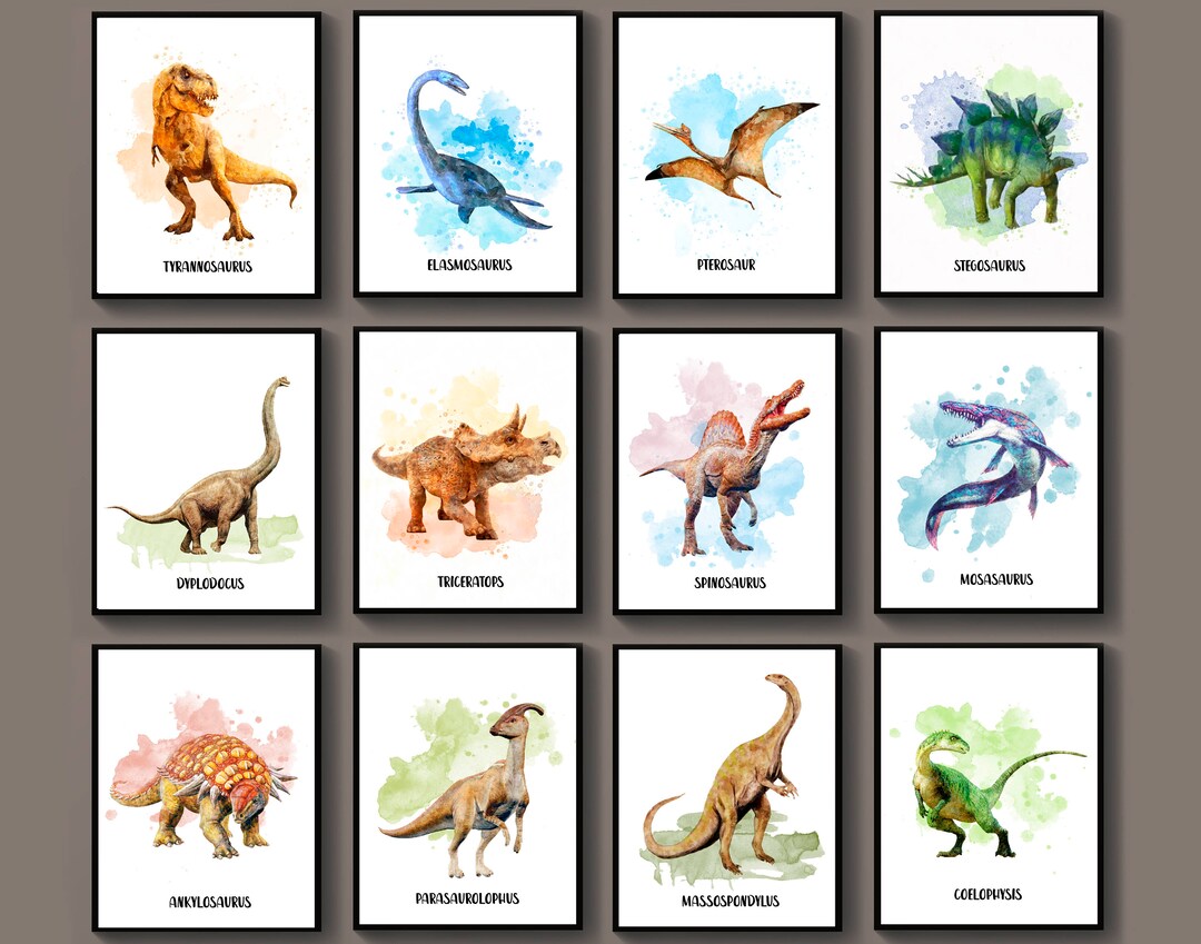 Dinosaur Types Signed Name Print Set of 12 Watercolor T-rex Stegosaurus ...