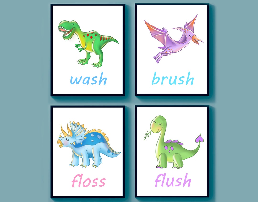 4 Dinosaur Bathroom Decor Wash Brush Floss Flush Poster T-rex Print ...