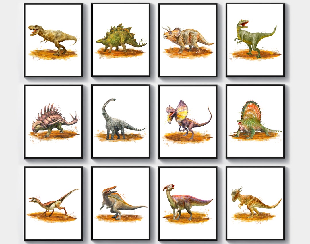 12 Watercolor Dinosaur Posters Jurassic Animals T-rex Triceratops ...