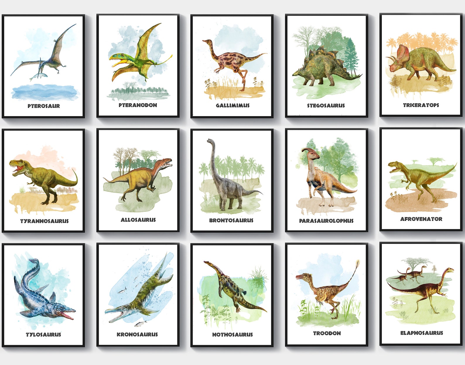 15 Watercolor Dinosaurs Names Art Dinosaurs Types Poster Paleontology ...